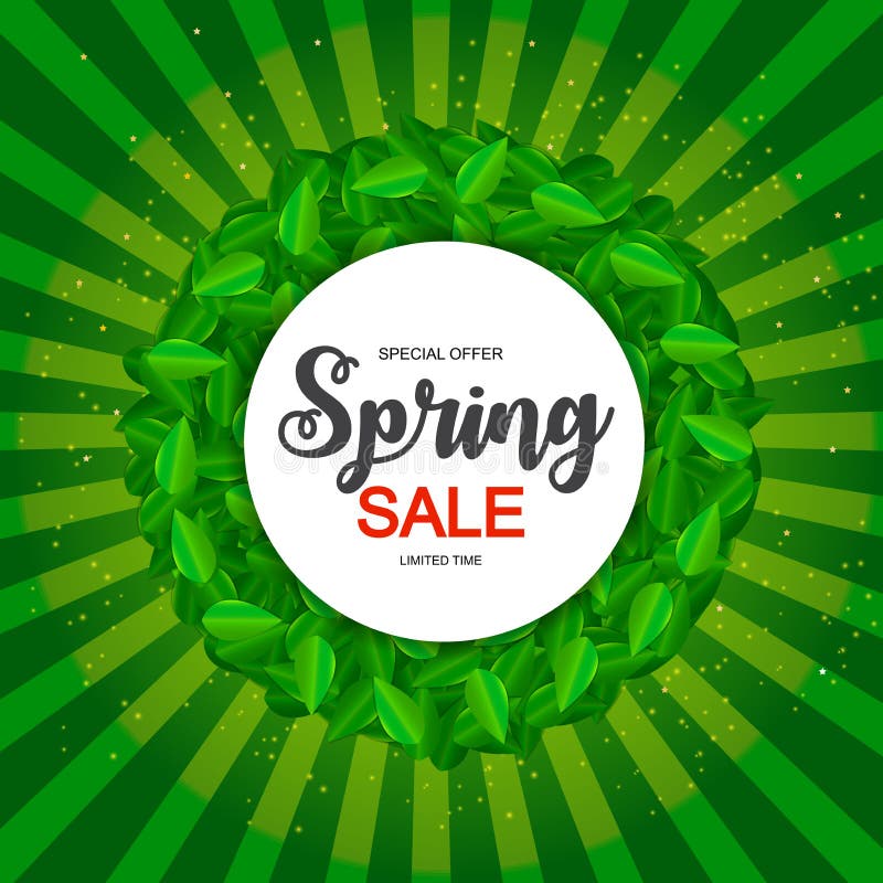 Spring Sale Cute Background with Green Leaves. Vector Illustration ...
