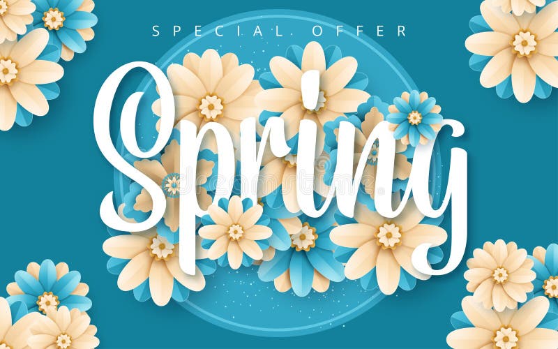 Spring Sale Flyer Template with Paper Cut Flowers and Leaves with Frame ...