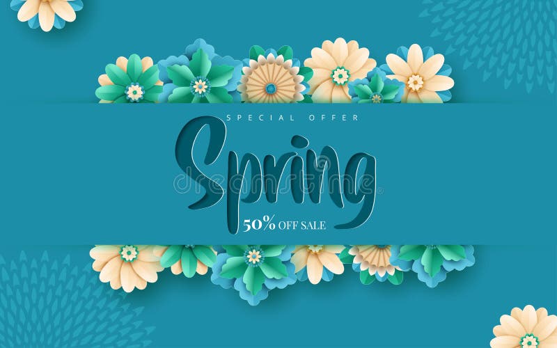 Spring Sale Flyer Template with Paper Cut Flowers and Leaves with Frame ...