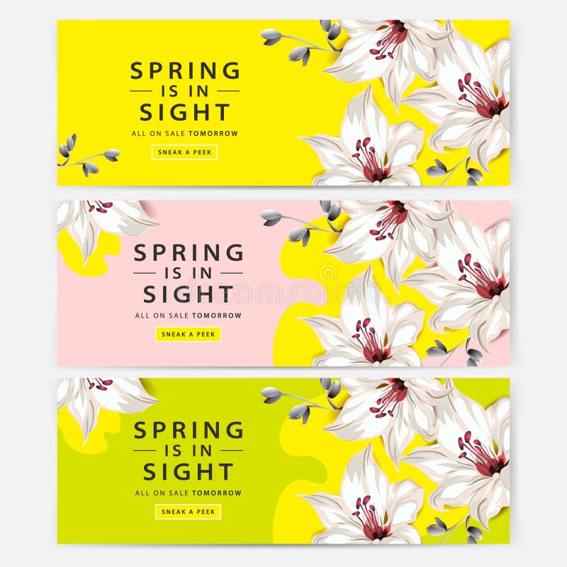 Spring Sale Horizontal Web Banners with Lily Bloom, Set of Modern ...