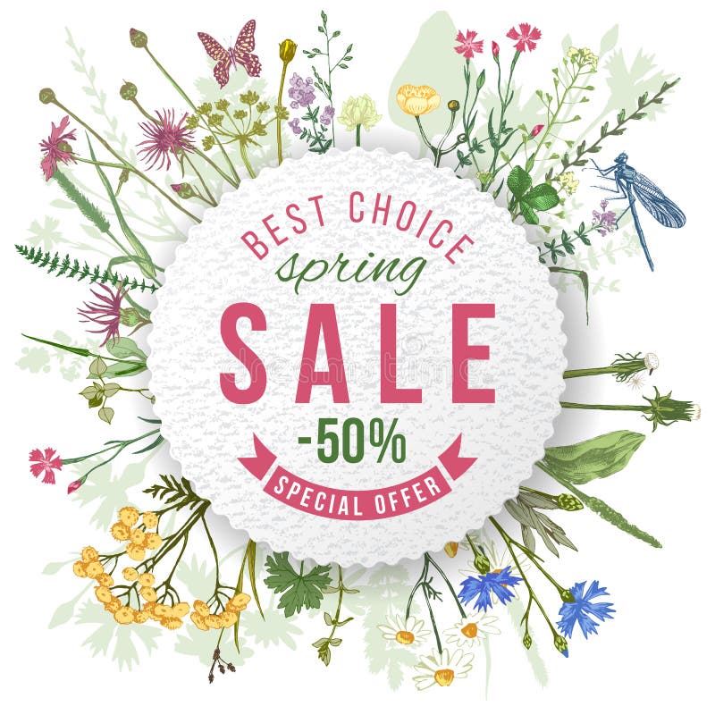 Spring Sale Round Paper Emblem on Floral Background Stock Vector ...