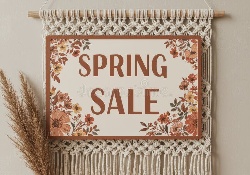 Spring Sale Sign with Floral Decoration Displayed on a Macrame ...
