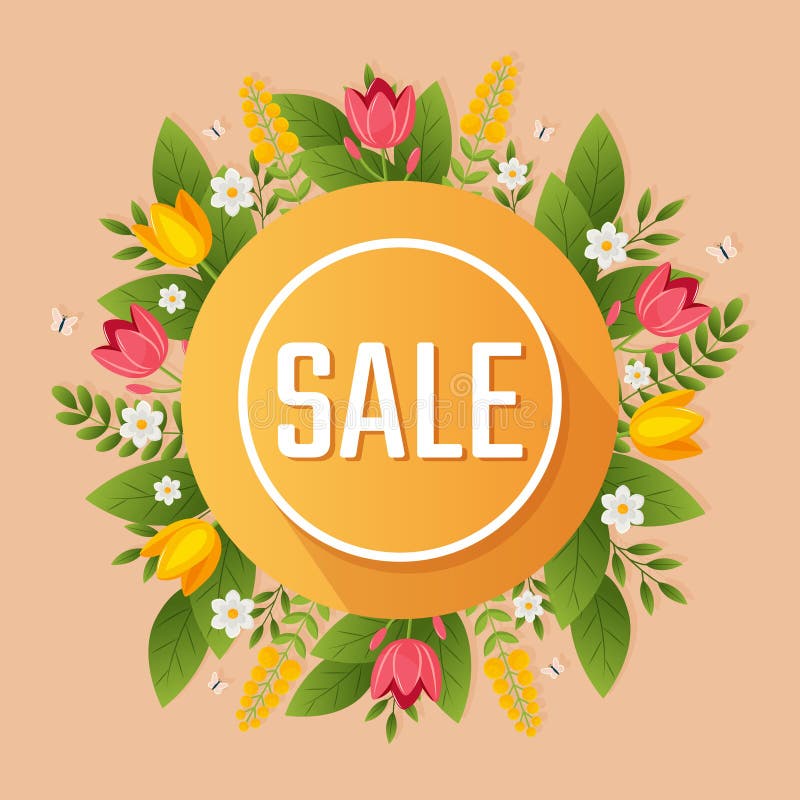 Spring Sale Sign with Flowers and Butterflies Flat Vector Illustration ...