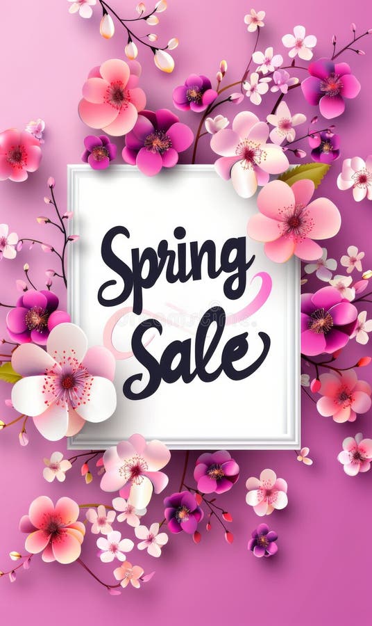 Spring Sale - Text in a Frame with 3d Flowers Background. Promotional ...