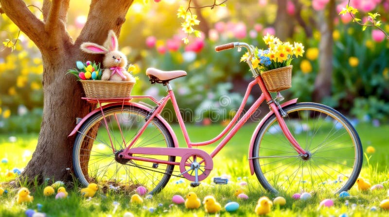 Spring Scene with Bunny on Bicycle with Flowers and Easter Eggs in ...