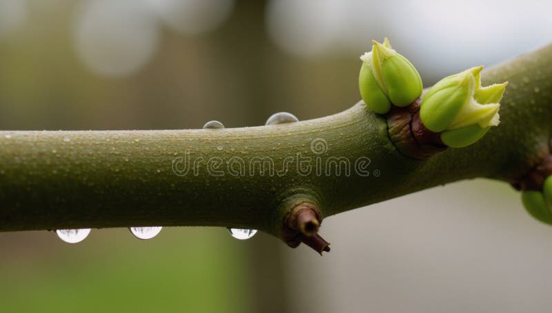 A Spring Scene Captured through Raindropkissed Branches and Emerging ...