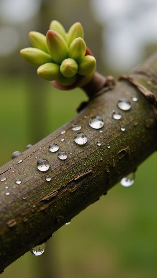 A Spring Scene Captured through Raindropkissed Branches and Emerging ...