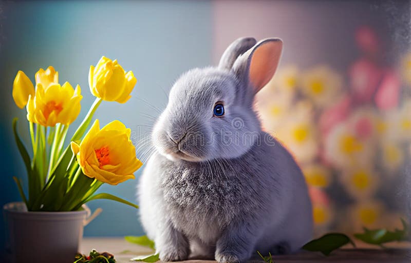 Cute Rabbit and Flowers on a Table Stock Illustration - Illustration of ...