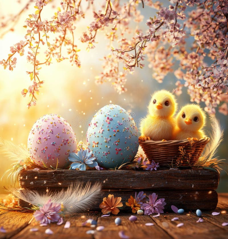 Spring Scenery with Easter Eggs, Chicks, and Blossoming Cherry Branches ...