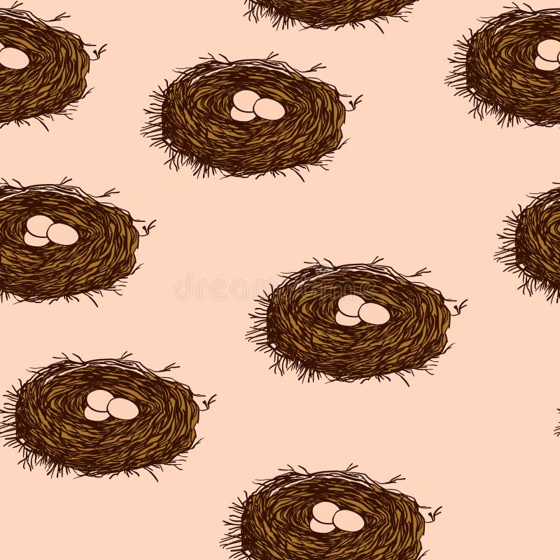 Spring Seamless Pattern with Bird Nest with Eggs. Easter Hand Drawn ...