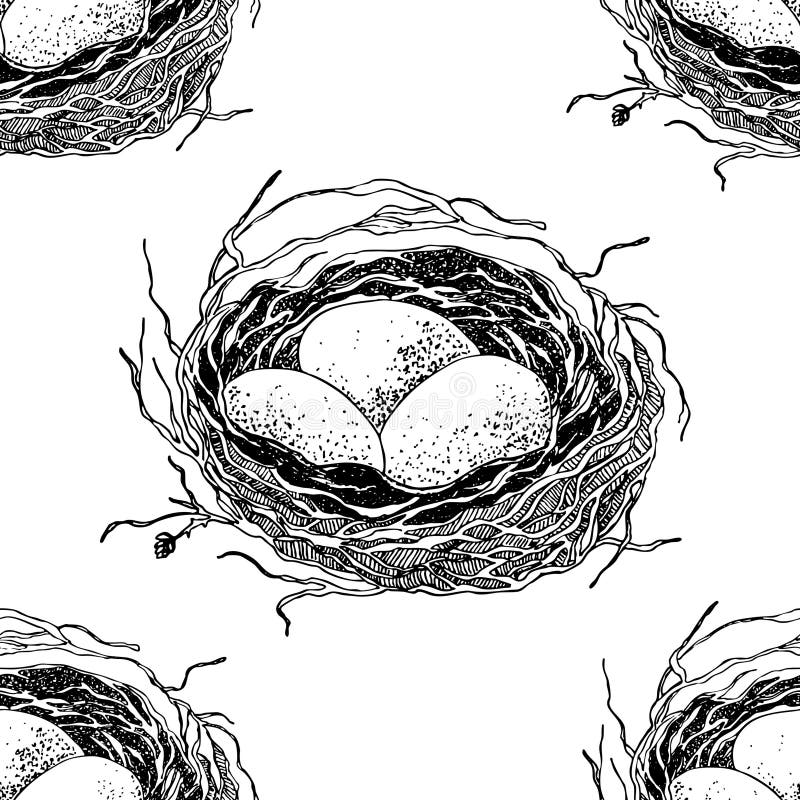 Spring Seamless Pattern with Bird Nest with Eggs. Easter Hand Drawn ...