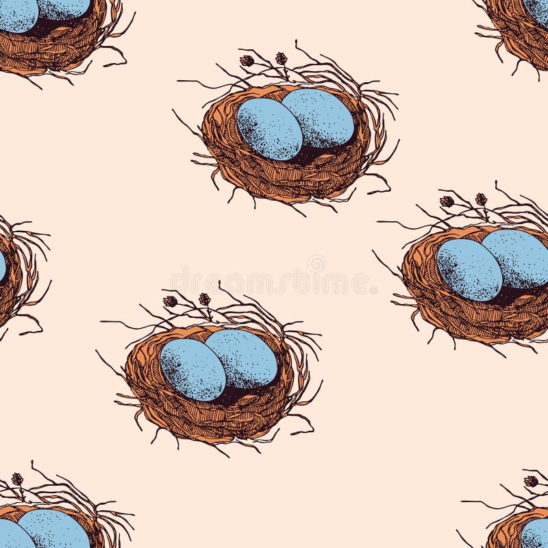 Spring Seamless Pattern with Bird Nest with Eggs. Easter Hand Drawn ...