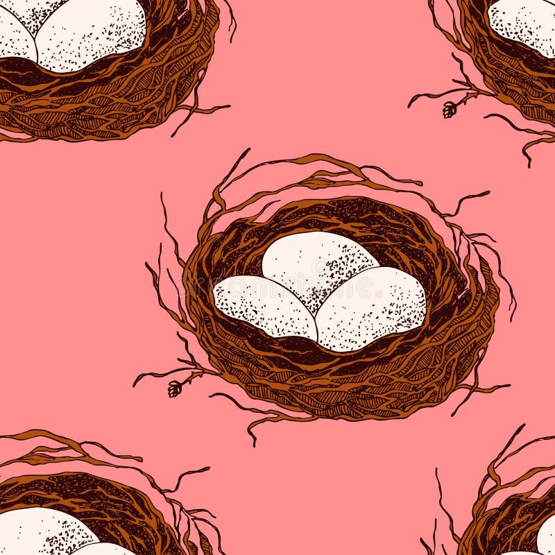 Spring Seamless Pattern with Bird Nest with Eggs. Easter Hand Drawn ...