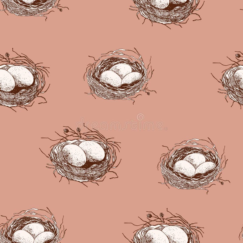 Spring Seamless Pattern with Bird Nest with Eggs. Easter Hand Drawn ...