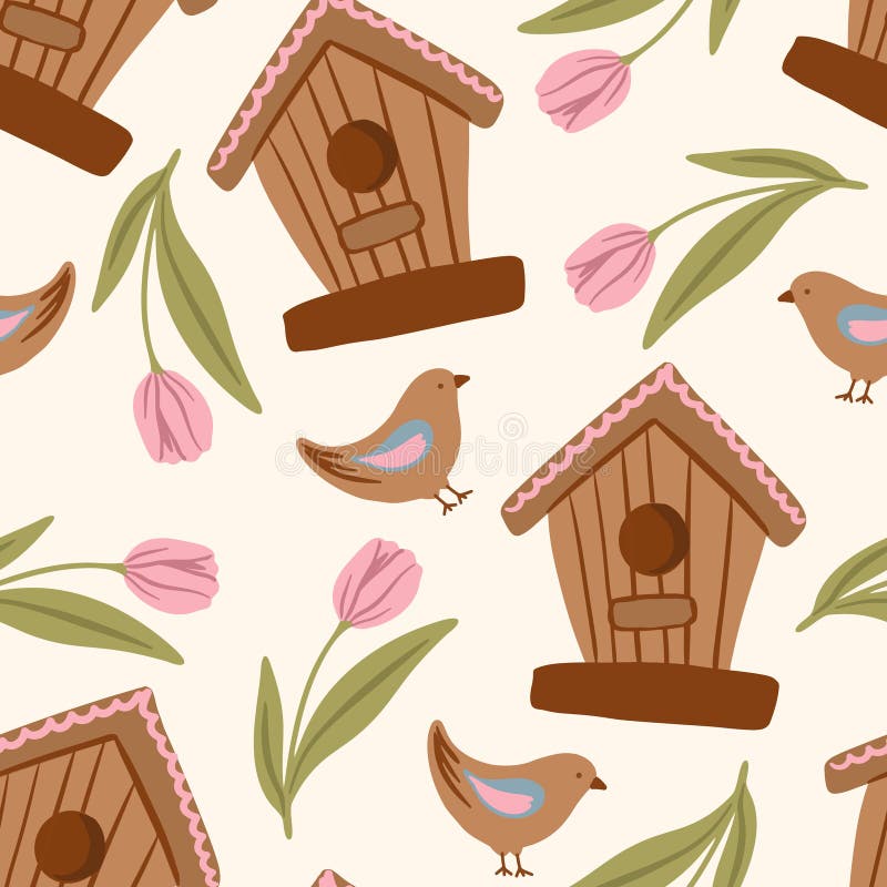 Spring Seamless Pattern with Birds and Tulips Flowers, Birdhouses Stock ...