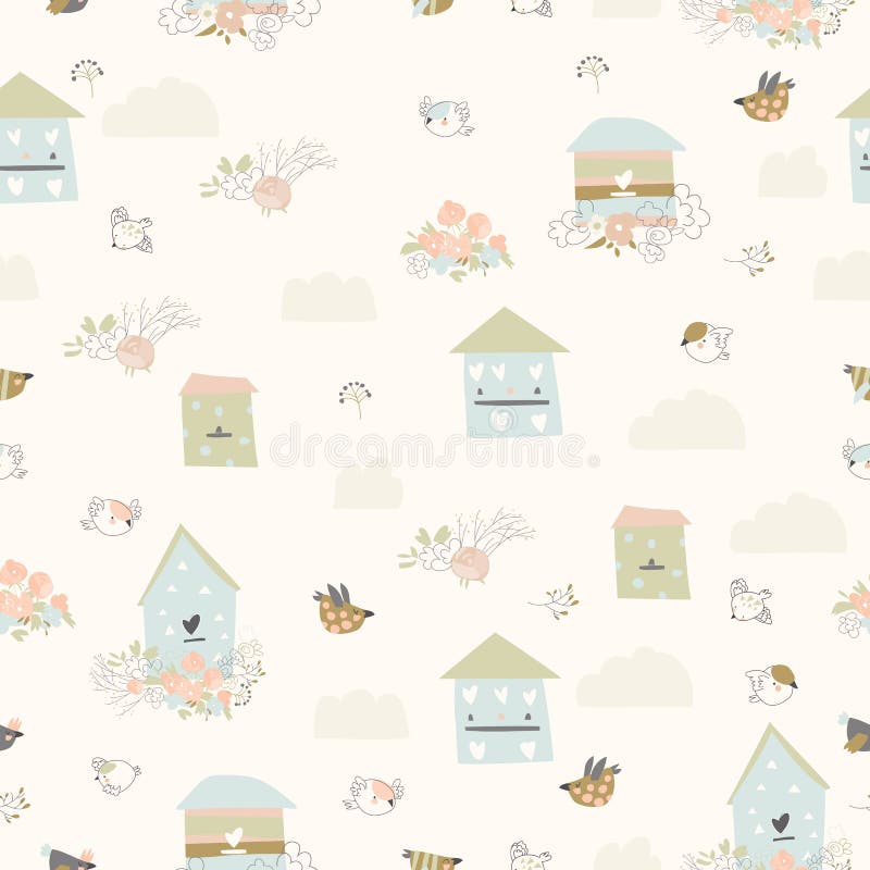Spring Seamless Pattern with Flowers,birds and Birdhouses Stock Vector ...
