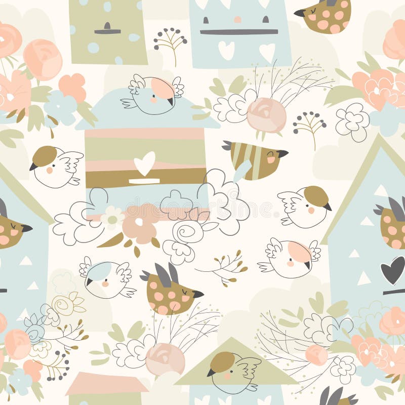 Spring Seamless Pattern with Flowers,birds and Birdhouses Stock Vector ...