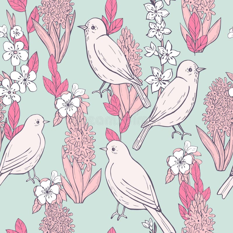 Spring Seamless Pattern with Birds and Flowers. Stock Vector ...