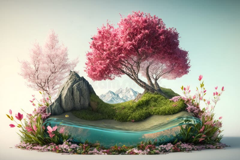 Spring Season Concept. 3D Nature with Tree Flower River and Mountain ...
