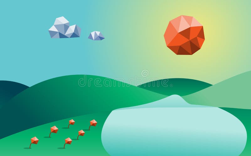 Spring Season Low Poly Background. Mountain River and Cloud and Flowers ...