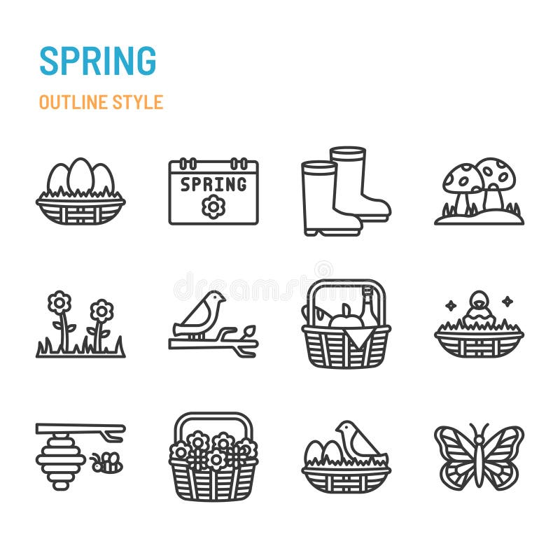 Spring Season in Outline Icon and Symbol Set Stock Vector ...