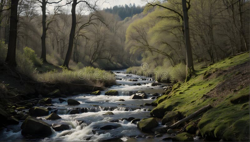 During Spring Season a River Flows through a Forest Stock Photo - Image ...