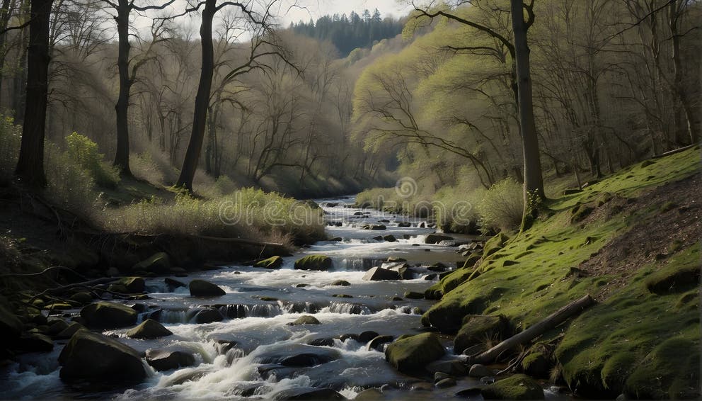 During Spring Season a River Flows through a Forest Stock Photo - Image ...