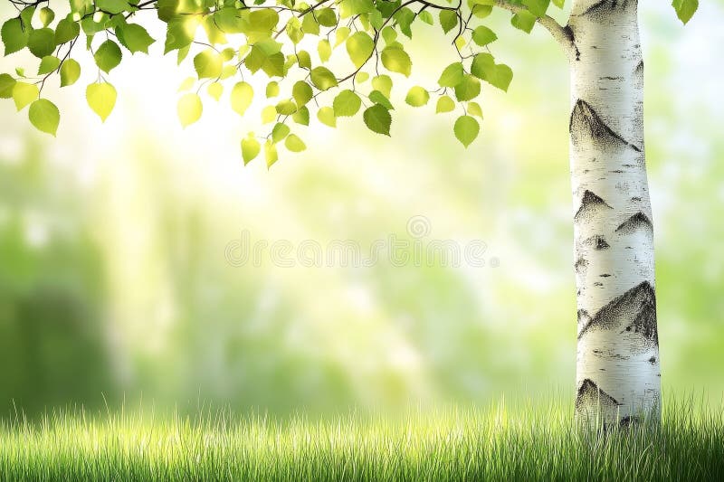 Spring Seasonal Sunny Grass Field with a Single Tree. Illustration ...