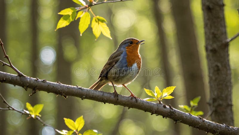 Spring Serenade Robin Singing on Tree Branch in Sunlit Forest Stock ...
