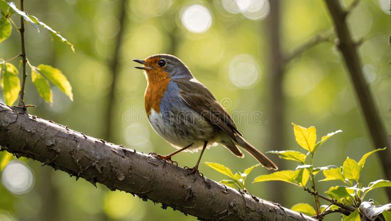 Spring Serenade Robin Singing on Tree Branch in Sunlit Forest Stock ...