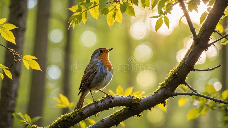 Spring Serenade Robin Singing on Tree Branch in Sunlit Forest Stock ...