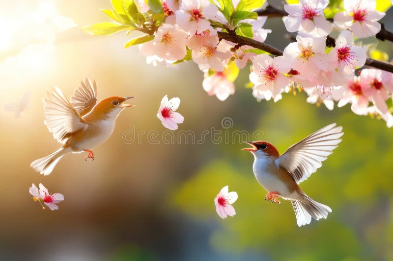 Spring Serenade: Rufous Birds in Flight Amidst Cherry Blossoms, Golden ...