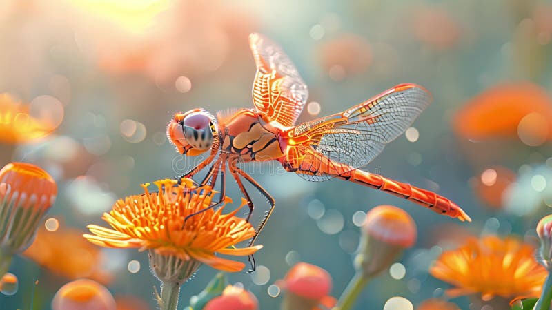 Spring Serenity: Animated Dragonfly Perches Gracefully on Blooming ...