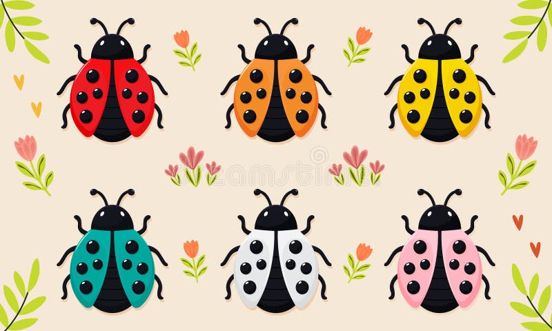 Spring Set Ladybugs and Flowers Flat Vector Illustration Stock Vector ...