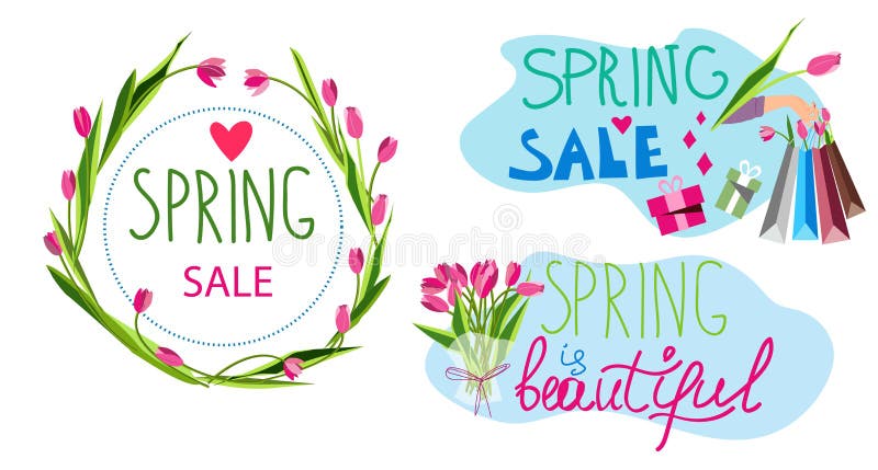 Spring Set Stickers Circle and Oval Banners Stock Vector - Illustration ...