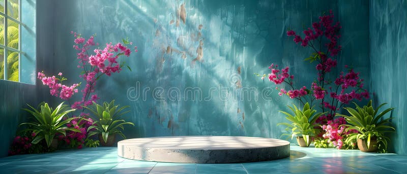 Spring Showcase: Minimalistic Cylindrical Podium Adorned with Blooming ...