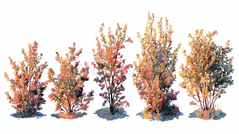 Spring Shrubs in Side View, Clean Botanical Illustration Set Stock ...