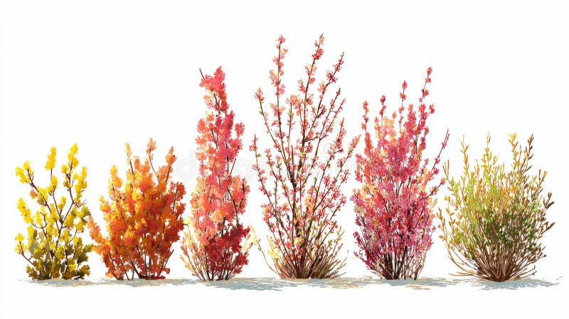 Spring Shrubs in Side View, Clean Botanical Illustration Set Stock ...