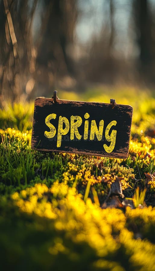 Spring Sign on Moss. Hello Spring. Wooden Sign with the Inscription ...