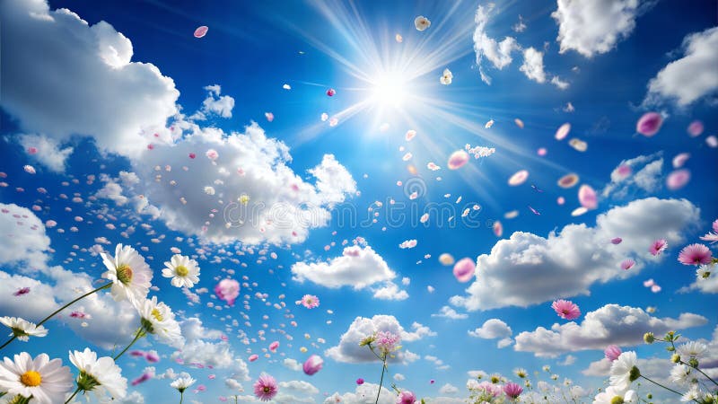 Spring Sky with Flowers and Petals Falling Background Image with Clouds ...