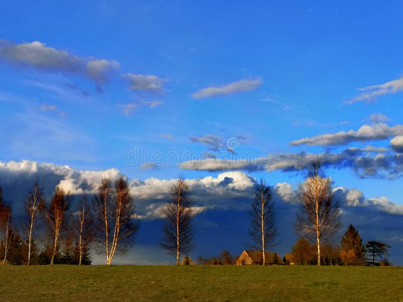 A Beautiful Sunset on the Spring Fields Stock Image - Image of blue ...