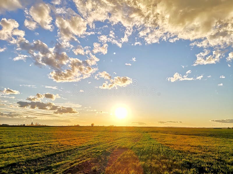 A Beautiful Sunset on the Spring Fields Stock Photo - Image of blue ...