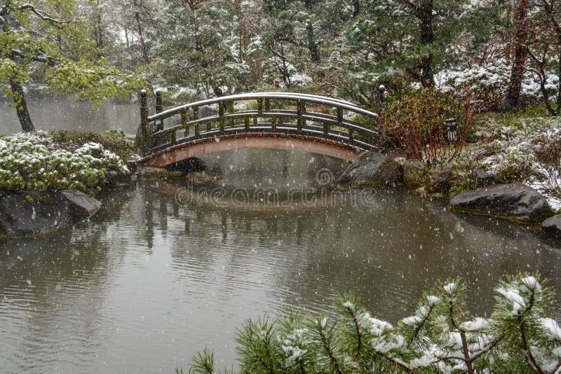 Spring Snow in a Japanese Garden Stock Photo - Image of wooden, trees ...