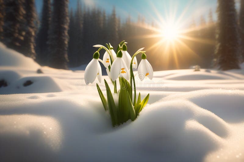 Spring Snowdrop Flowers with Water Drops in Spring Forest Stock Image ...