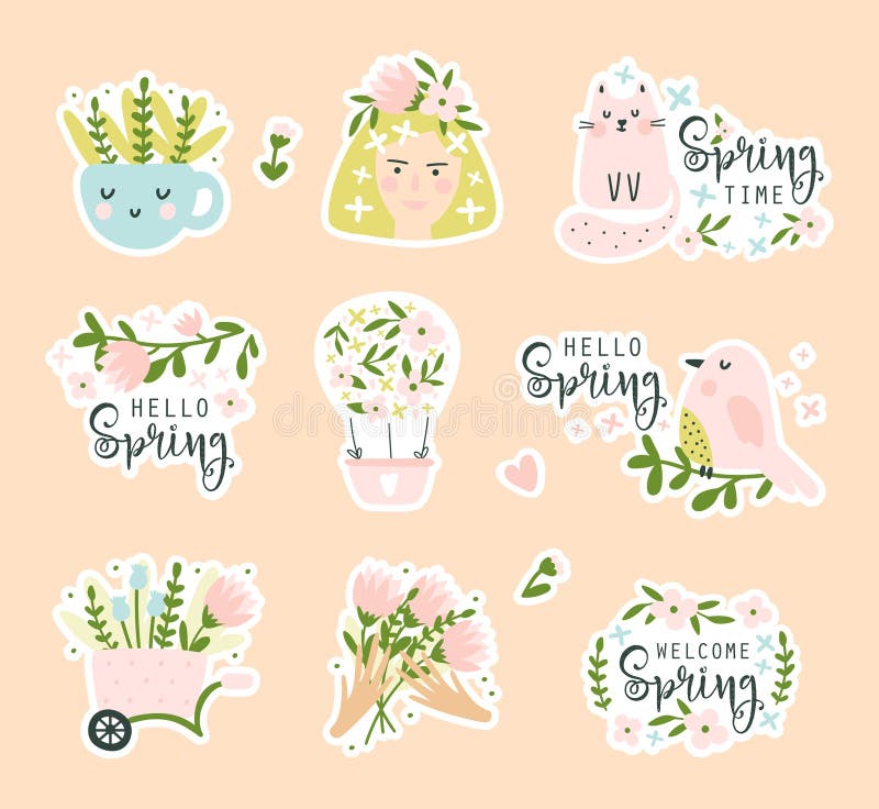 Spring Stikers Set with Flowers. Vector Illustrations Stock Vector ...