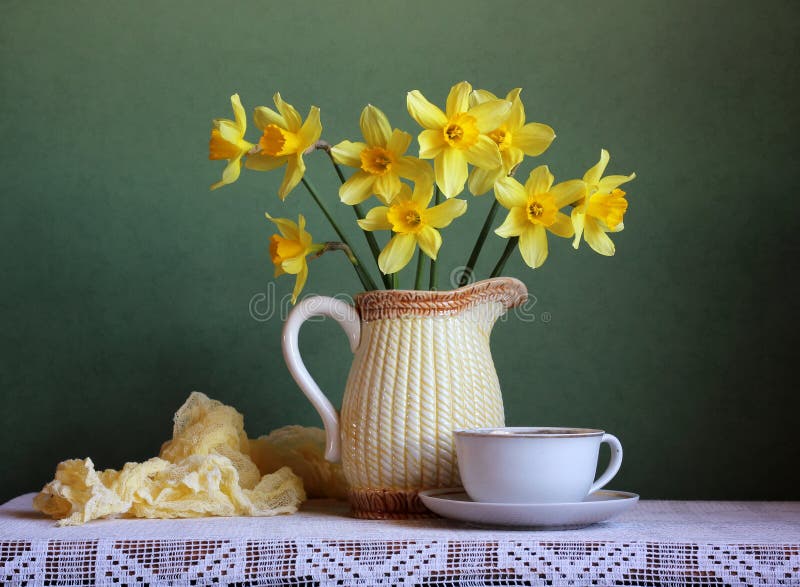 Spring Still Life with Daffodils Stock Photo - Image of flower, lace ...