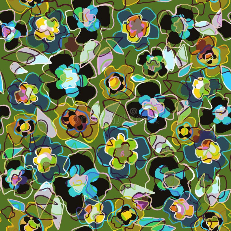 Abstract Scribble Vivid Flowers Psychedelic Seamless Pattern on a Green ...