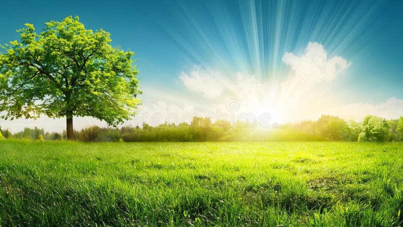 Spring Summer Background with Green Tree Sunlight and Sun Rays Panorama ...
