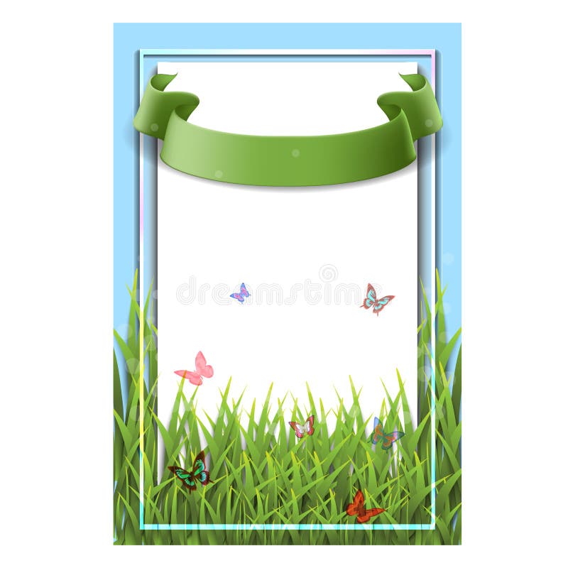 Spring Summer Banner with Grass and Butterflies with a White Blank ...