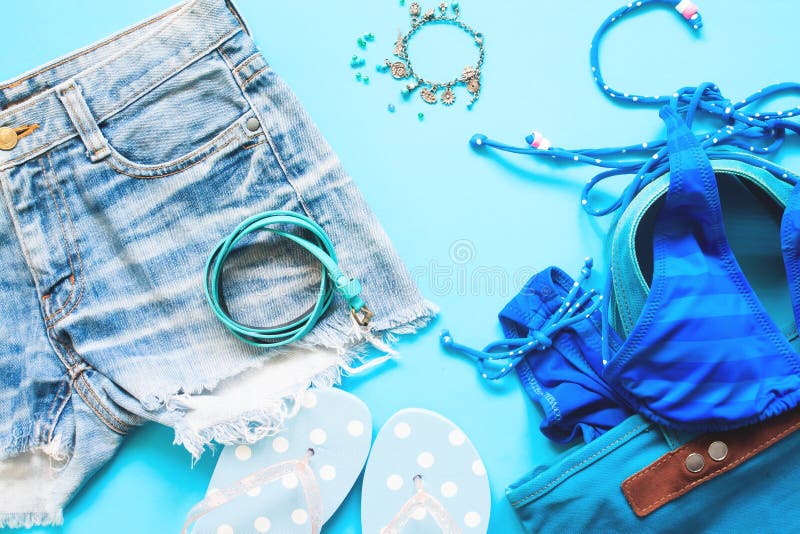 Spring and Summer Blue Collection of Girl Accessories, Flat Lay on Blue ...